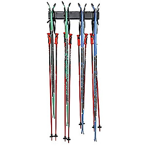 Ski Wall Rack, Holds 4 Pairs of Skis & Skiing Poles or Snowboard, for Home and Garage Storage, Wall Mounted, Heavy Duty, Adjustable Rubber-Coated Hooks