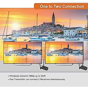 J-Tech Digital Wireless HDMI Extender 1X2 up to 200ft 1080P with HDMI Loop Output IR Passthrough (1TX + 1RX)