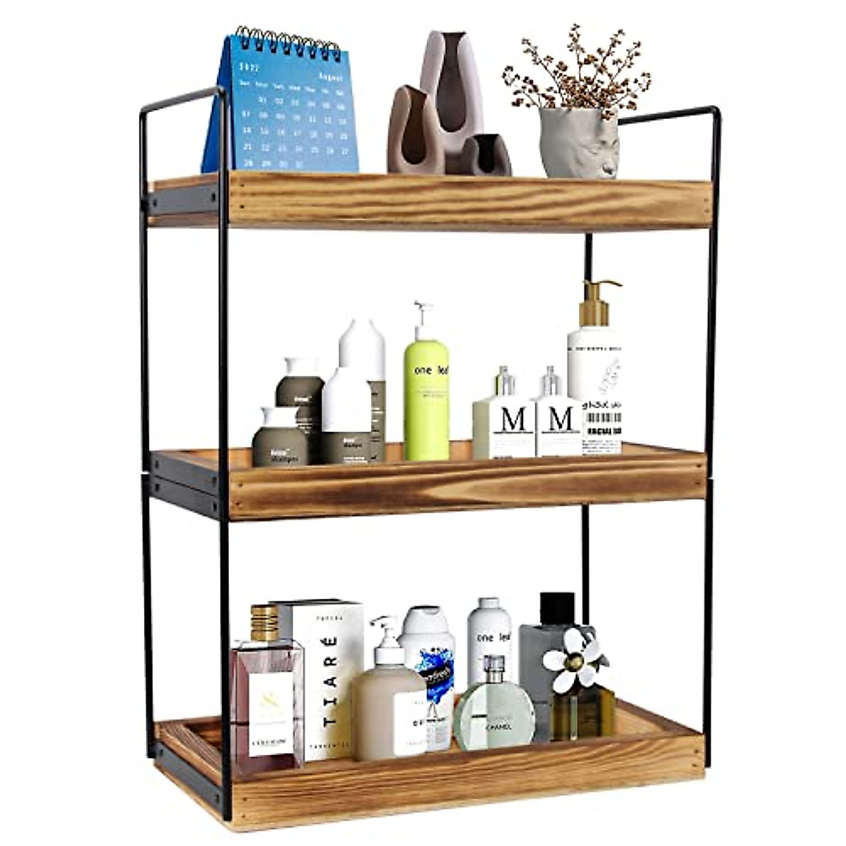BEIUTAO 3 Tier Bathroom Counter Organizer, Wood Bathroom Countertop, (DIY Install) Bathroom Countertop Organizer and Storage Shelf, Cosmetic Holder Vanity Organizer Bathroom Trays