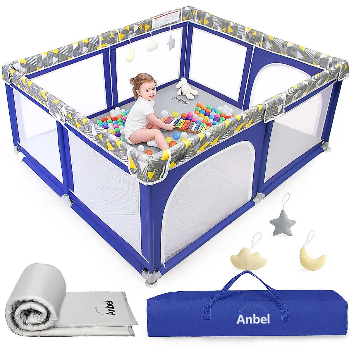 Anbel Baby Playpen with Mat, Extra Large Playyard, Playpen for Babies and Toddlers, Indoor and Outdoor Kids 71x59 Inches Playpen with Breathable Mesh, Blue