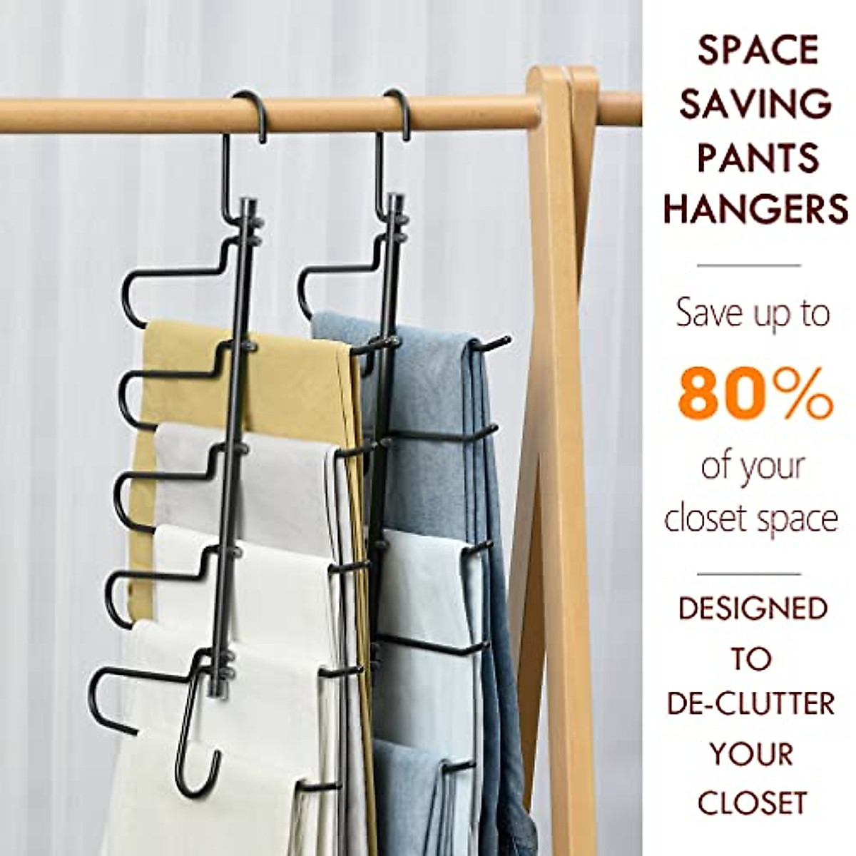Pants Hangers Space Saving - 2 Pack Aluminum Pant Organizer for Closet Organization, Multiple Pants Hangers for Closet, Multifunctional Pants Rack Hanger, Jean Hangers, Scarf Organizer