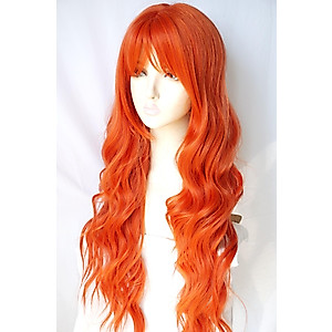 Long Red Bright Copper Wig for women curly Bloom cosplay wig Fairy costume wig synthetic wig with bangs 29inches Halloween wig for women and girl