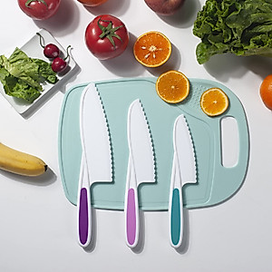 MOTYAWN Kids Knife Set of 3 - Firm Grip, Serrated Safe Edges– Colorful Nylon Toddler Cooking Knives to Cut Fruits, Salad, Cake, Lettuce (Purple/Powder/Blue)