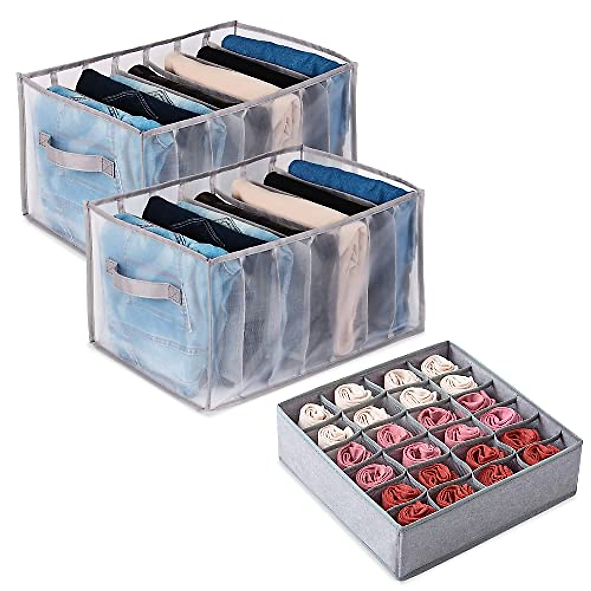 2 Pack Wardrobe Clothes Organizer , Jeans for Closet comes with 24 cell Sock Underwear Dividers Mesh Drawer Large 7 Grids Foldable Compartment Storage Box, gray