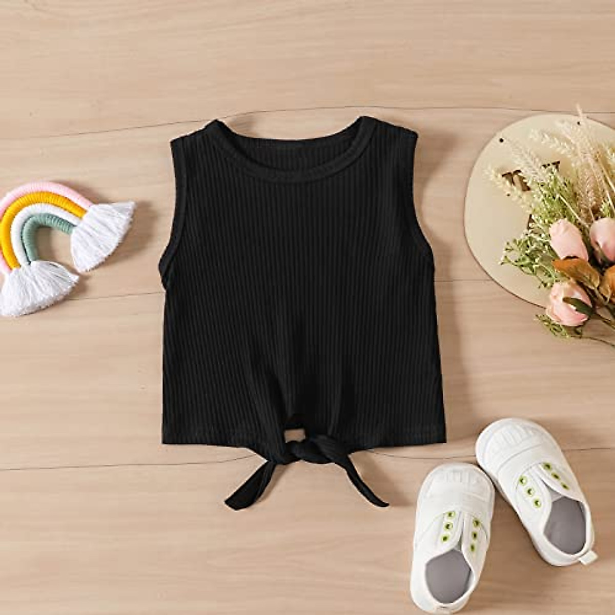 DREAM BUS Girl Outfit Toddler Clothes Striped Sleeveless Shorts Sets Tie Knot Beach Black Summer 12-18 Months