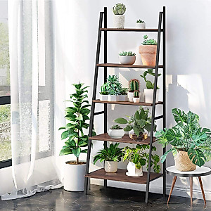 Tangkula Ladder Shelf, 4 Tier Industrial Bookcase, Multifunctional Display Bookshelf, Wooden Look Plant Flower Stand with Metal Frame, Decor Furniture for Home Office