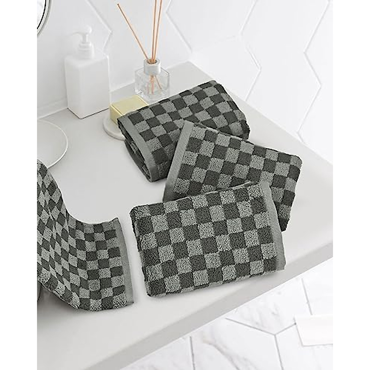 Jacquotha Grey Hand Towels for Bathroom Checkered, 4 Pack Super Soft Quick Drying Cute Hand Towel Set for Men Women Kids