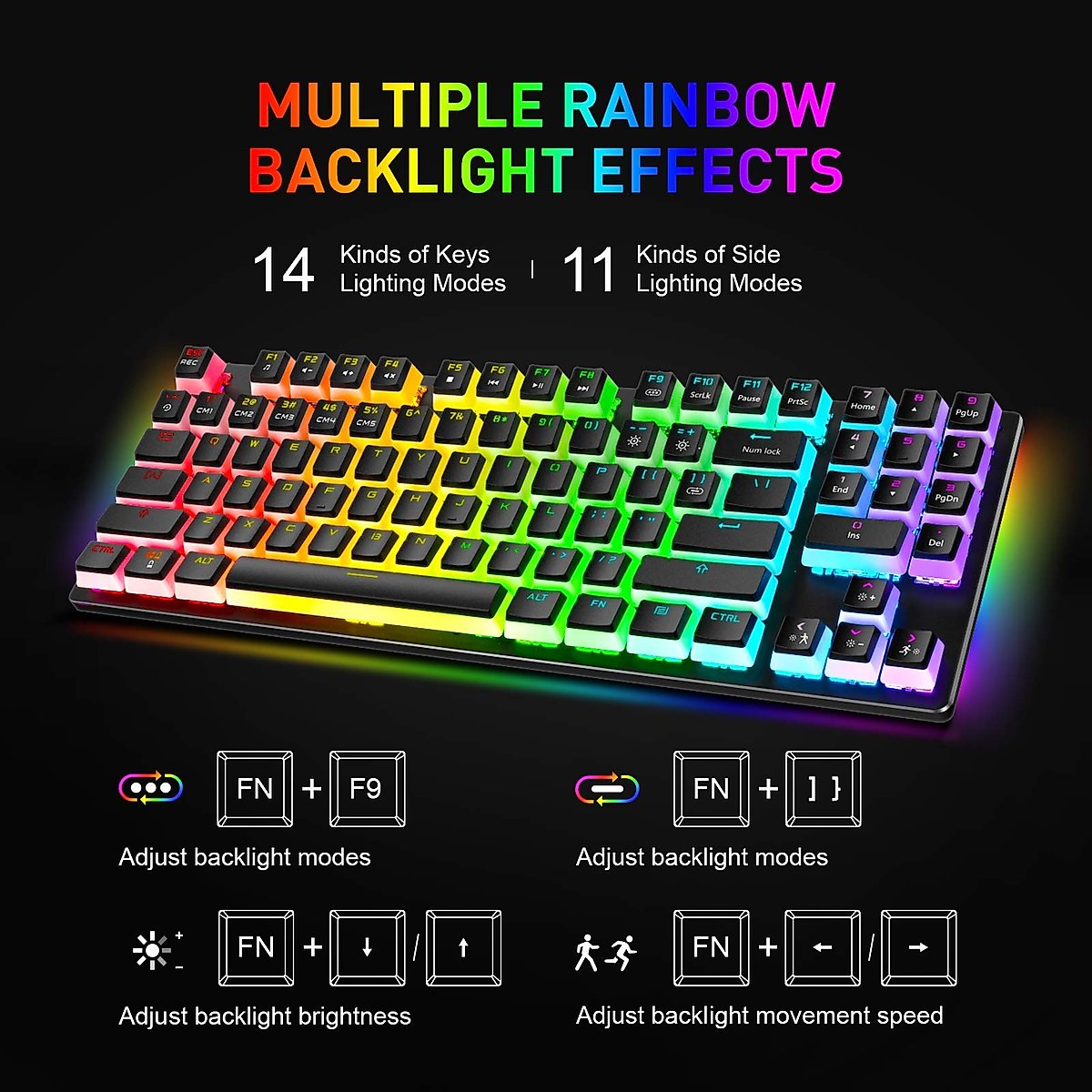 Havit Mechanical Gaming Keyboard with PBT Pudding Keycaps, 89 Keys RGB Backlit Wired USB Computer Keyboards with Blue Switches & Surround Lighting for Desktop PC Gamer (Renewed)