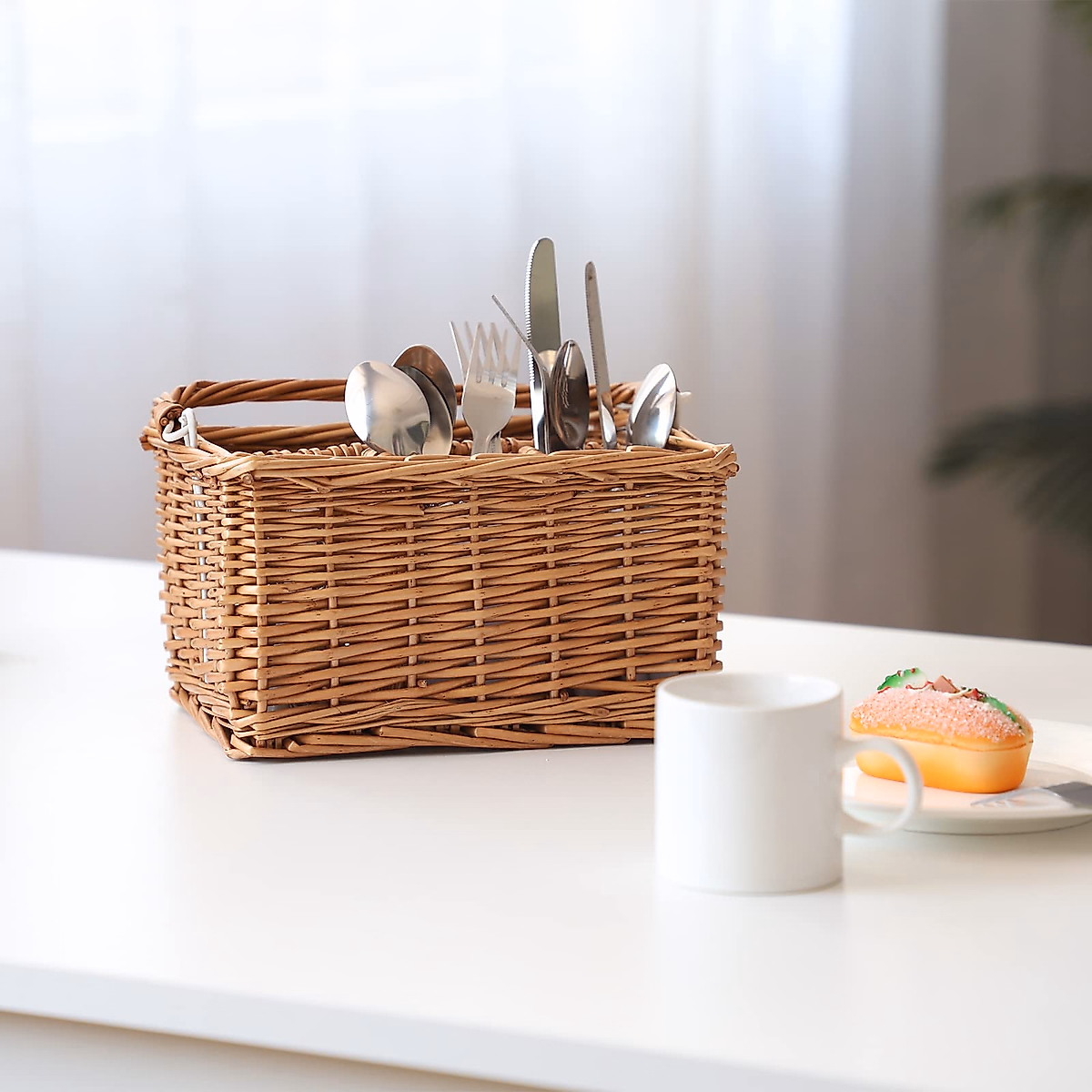 JJSQYLAN Wicker Utensil Caddy Cutlery Holder Flatware Caddy for Kitchen Dining Table, Restaurant, Cabinet, Pantry - Holds Knives, Forks, Silverware, Serving Utensils (wicker-1pcs)