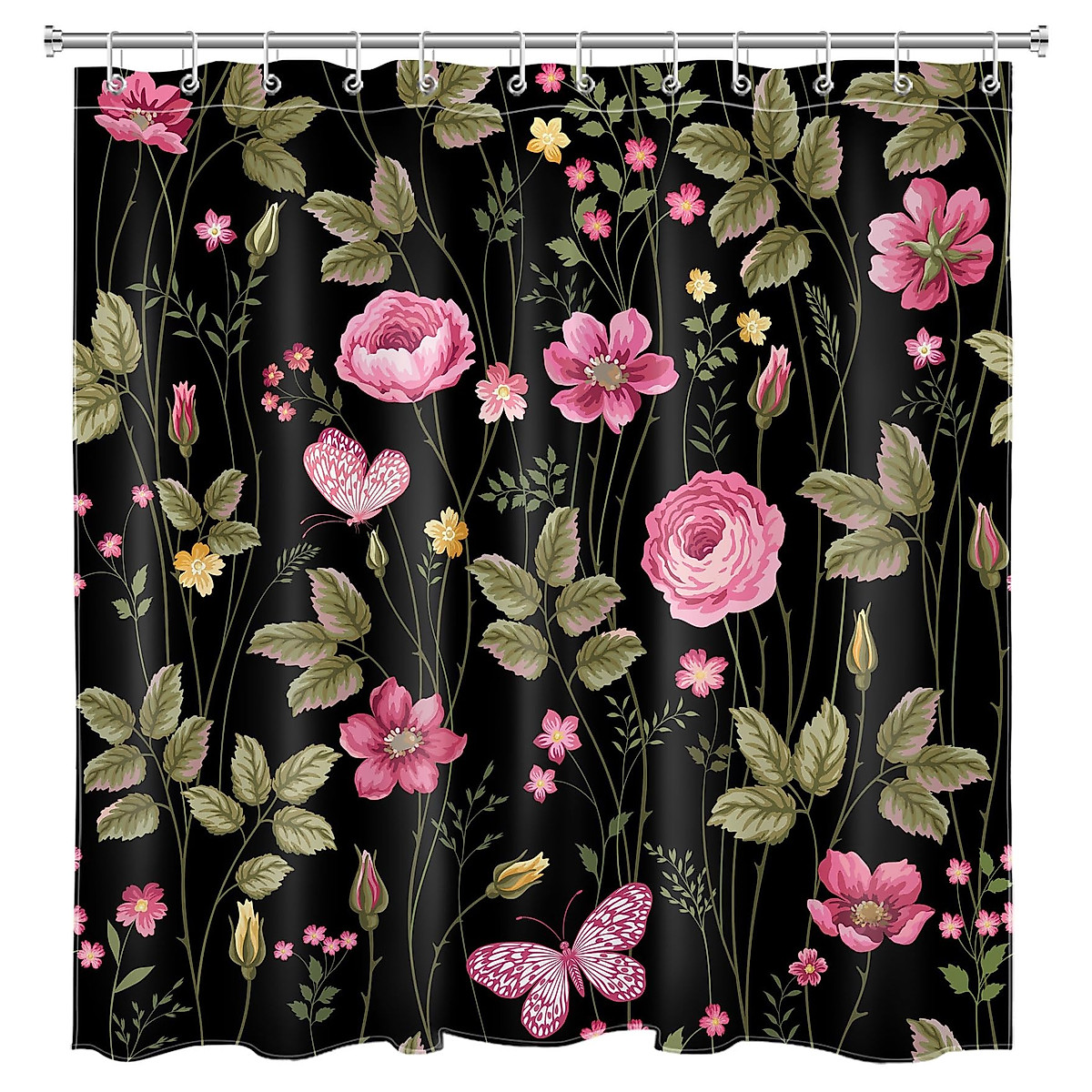 LB Watercolor Floral Shower Curtain for Bathroom, Pink Flower Butterfly and Sage Green Leaf on Black Fabric Shower Curtain with Hooks, Nature Plant Botanical Bathroom Curtain Shower Set, 72"W x 78"L
