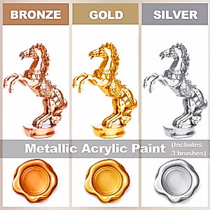 Wadities Acrylic Paint Metallic, 3pcs 13.5oz(375g) Gold & Silver & Bronze, Gold Leaf Paint for Art Painting, Ideal for Canvas, Wood, Clay, Fabric, Ceramic, Stone, Glass Craft Supplies