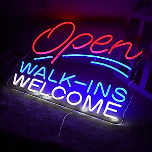 Vinray Large Open Walk Ins Welcom Neon Sign,Led Open Business Signs for Shop Bar Club Pub.Super Bright Light Red Open for Barber Shop or Restaurant,12V Powered.