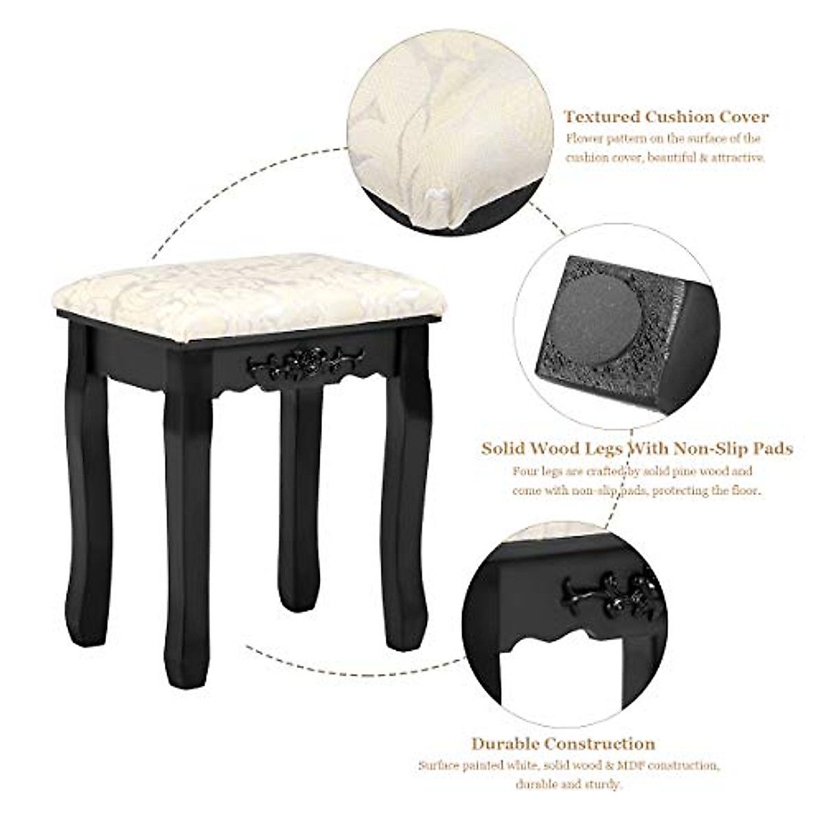 GOFLAME Vanity Stool, Retro Makeup Dressing Bench with Solid Wood Legs, Piano Seat with Carved Flowers, Thick Padded Cushioned Chair with 250lb Capacity, Large Vanity Benches for Bedroom (Black)