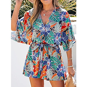 CUPSHE Women's V Neck Romper Half Sleeve Jumpsuit Tropical Hawaii Leaf Belted Belt Romper Wide Leg Outfit Black