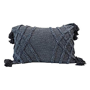 Creative Co-Op Stonewashed Cotton Blend Slub Tufted Chevron Pattern & Tassels, Blue Pillow