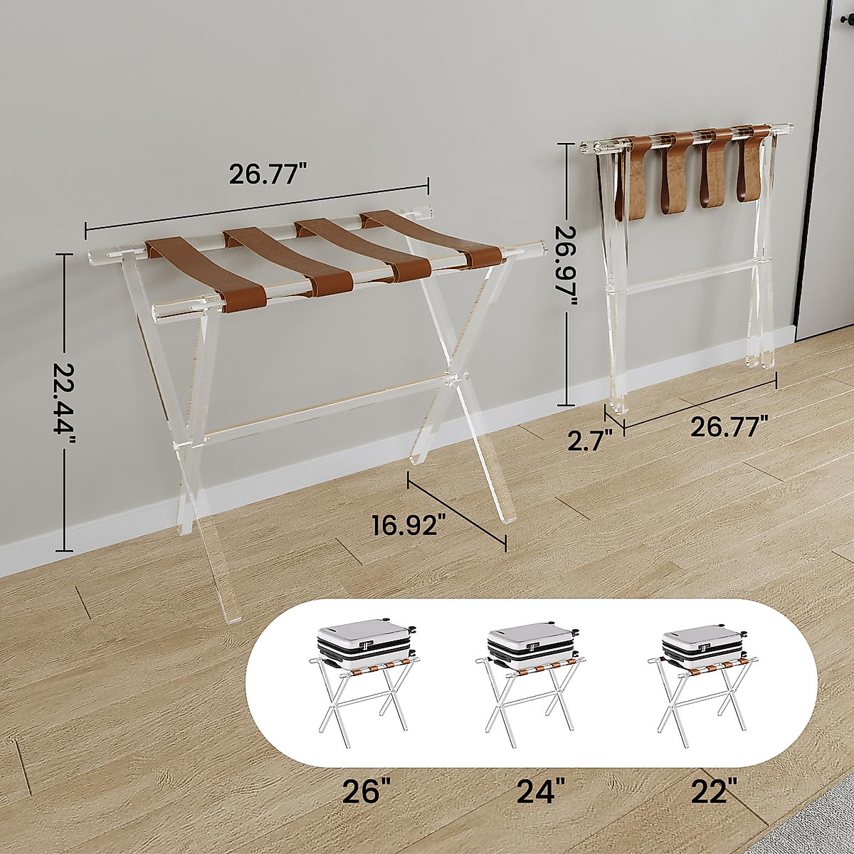 Sumerflos Acrylic Luggage Rack for Guest Room - Foldable Suitcase Stand with Leather Straps for Bedroom Living Room Hotel Heavy-Duty, Holds up to 50-100 lb lightweight Space Saving (Brown & Handle - 1 Pcs)