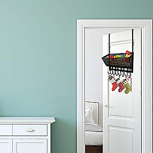 Giftgarden Over The Door Hooks Coat Rack with Wire Mesh Basket, 12 Hooks Door Hanger & Wall Mount Storage Organizer for Bathroom Bedroom Kitchen Cabinet Office Hanging, Black