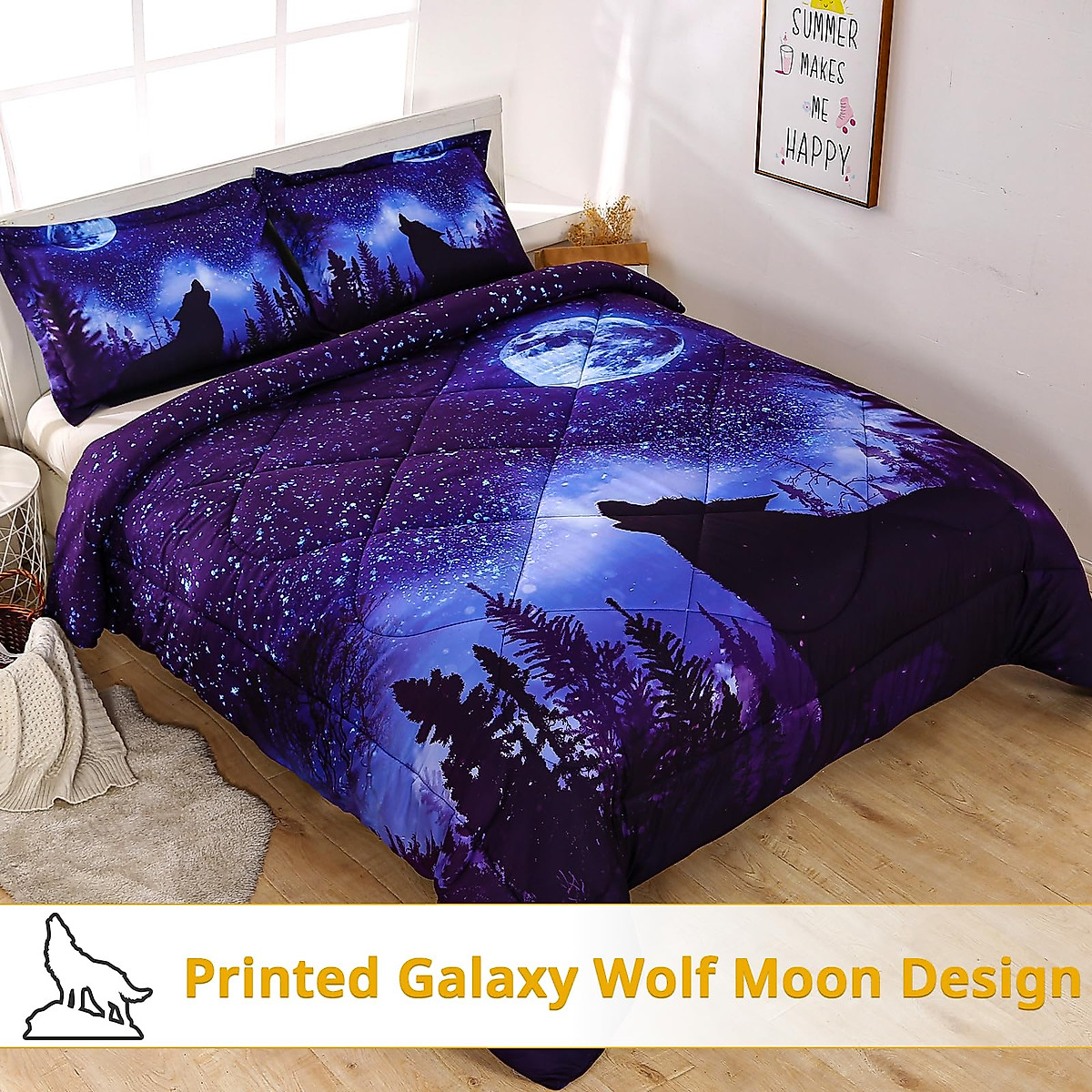 ENCOFT Wolf Comforter Set Queen Size, 3 Piece Vivid Blue Night Sky Howling Wolf Bedding Comforter Sets with 2 Pillowcases, Lightweight Soft Wild Animal Wolf Comforter Set for Kids, Boys, Teen