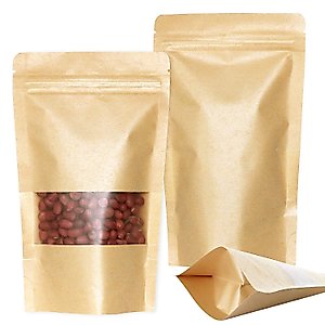 SumDirect Kraft Food Bags with Window - Resealable Kraft Stand Up Pouches, 50Pack 4.7x7.8inches Zipper Food Storage Bags for Packaging