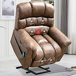 CANMOV Large Power Lift Recliner Chairs with Massage and Heat for Elderly Big People, Heavy Duty Electric Faux Leather Reclining Chairs with USB Port and 2 Side Pockets, Brown