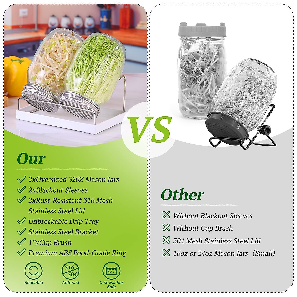 Sprouting Jar Kit 2Pcs Large Wide Mouth Mason Jars With Screen Sprout Lid,Sprouting Jar Stand,Tray,Blackout Sleeves,Brush-Seed Sprouting Kit For Growing Mung beans,Broccoli And So On
