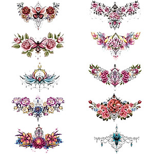 Glaryyears Chest Underboob Temporary Tattoo for Women, 10-Pack Large Floral Fake Realistic Tattoos, Long-lasting Creative Removable Tattoo Stickers, Sexy Rose Flower Tramp Stamp Sketch on Body