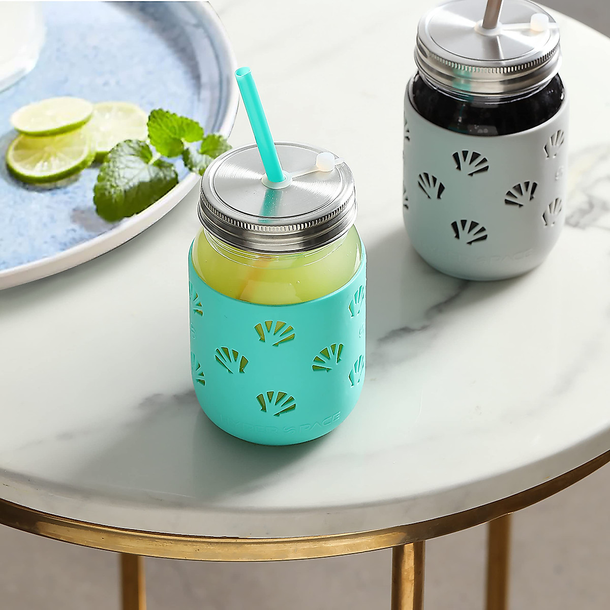 16 OZ Mason Jars with Protective Silicone Sleeve, Mason Cups Drinking Glass with Straws and 8PCS Stainless Steel Lids - BPA Free (4COLOR ASST Shell)