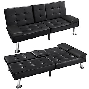 Furniwell Futon Sofa Bed Modern Faux Leather Sofa Couch for Living Room Convertible Folding Adjustable Recliner with 2 Cup Holders and Armrests (Black)