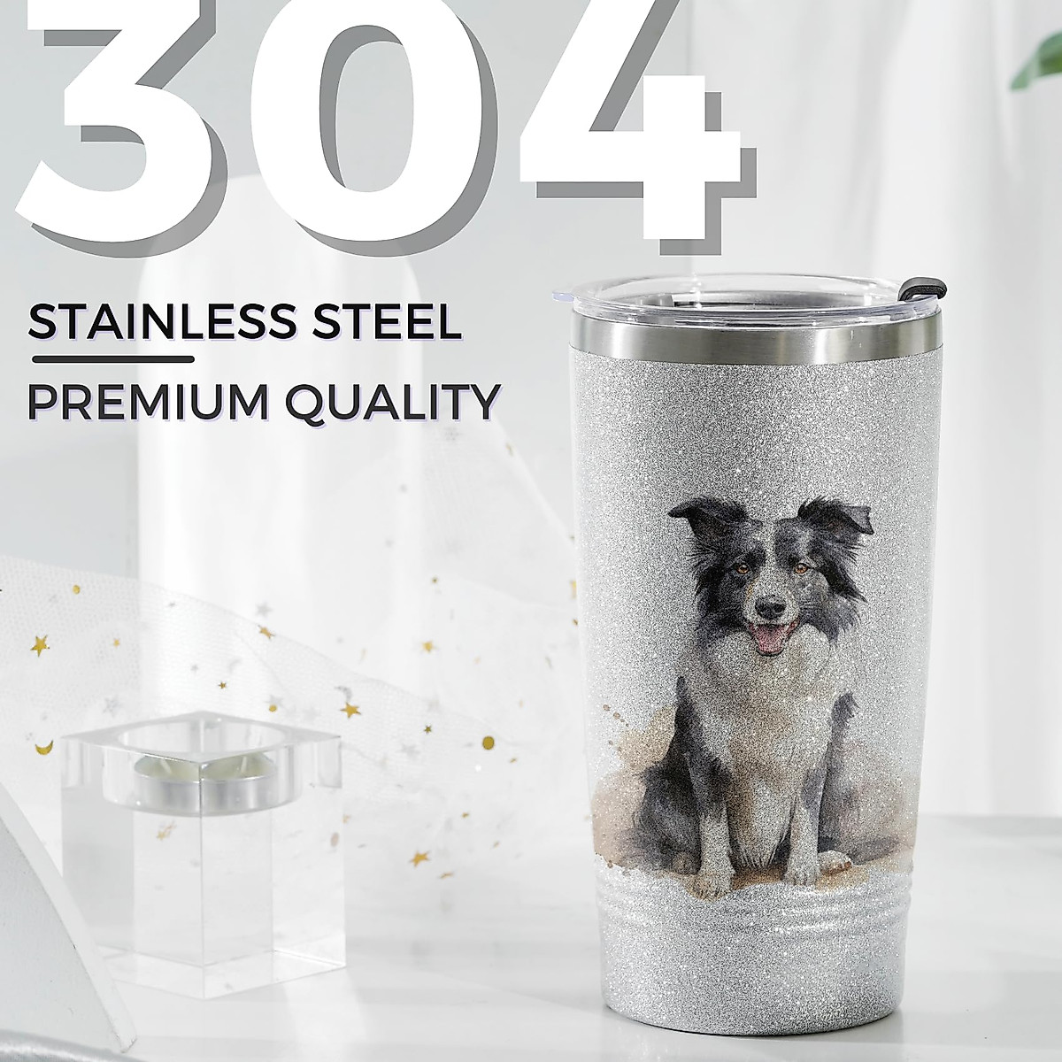 Onebttl Border Collie Gifts for Women/Men, Unique 20oz Border Collie Glitter Tumbler with Lid and Straw, Border Collie Gifts for Birthday, Christmas