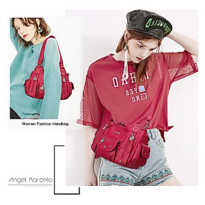 Angel Barcelo Roomy Fashion Hobo Womens Handbags Ladies Purse Satchel Shoulder Bags Tote Washed Leather Bag Red