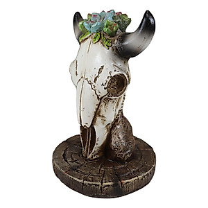Ebros Gift Southwest Aged Bone Bull Cow Steer Head Skull with Floral Succulents Sculpture On Round Wooden Slice Base As Bisons Steers Cows Fossil Faux Taxidermy Rustic Western Decor Sculpture