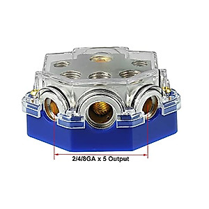 X AUTOHAUX 0/2/4 Gauge in 2/4/8 Gauge Out 5 Ways Stereo AMP Power Ground Distribution Block for Car Audio Splitter Blue Base Cover