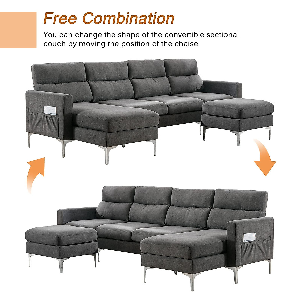 Houjud 110" Convertible Sectional Sofa Couch, Modern Linen Fabric L-Shaped Couch 4-Seat Sofa Couch w/Reversible Chaise and Side Pockets for Living Room, Apartmentt (Grey)