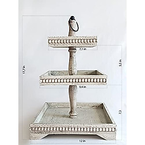 KEFO Three Tiered Beaded Tray Decor Stand - 12 x 18 Inch Large White Wooden 3 Tiered Tray Stand - Decorative Rustic Distressed 3 Tier Tray Decor Table Centerpiece - Tiered Serving Tray for Home Decor