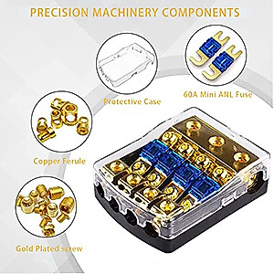 DriSentri 4 Way Fuse Holder HiFi Auto Fuse Distribution Block 60 Amp 12V Fusible Support 0 2 4 Gauge in 4/8 Gauge Out