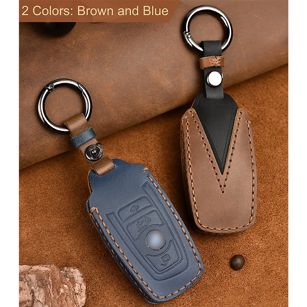 OLLEN Genuine Leather No Screws Key Fob Cover Fit for BMW 1 3 4 5 6 7 Series X3 X4 M5 M6 GT Series etc, Square Shape, Blue