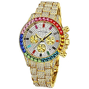 Gosasa Luxury Bling-ed Out Colorful Dial Full Diamond Hip Hop Rocks Watches Fashion Quartz Analog Stainless Steel Bracelet Wrist Watch (Gold)