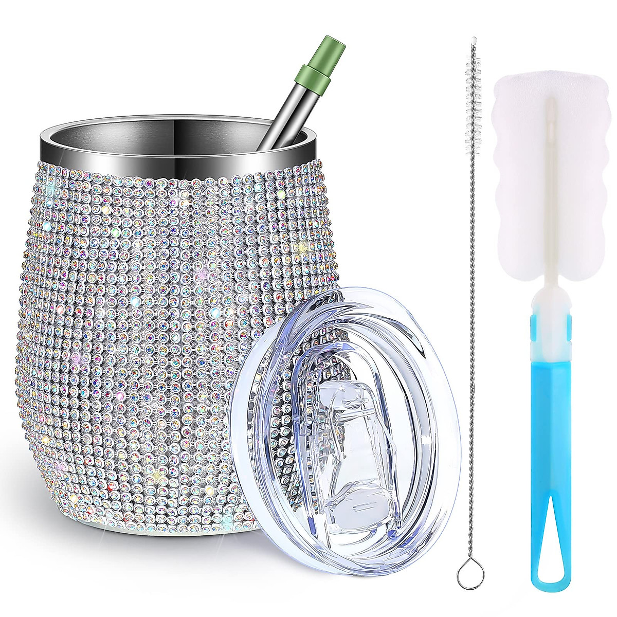Bling Water Bottle Bling Wine Tumbler Diamond Tumbler Rhinestone for Glitter Wine Glass Tumbler Girls Trip Cups, Straw, Straw Brush and Cup Brush for Wine Coffee Cocktails Champaign (AB Color, 1 Set)
