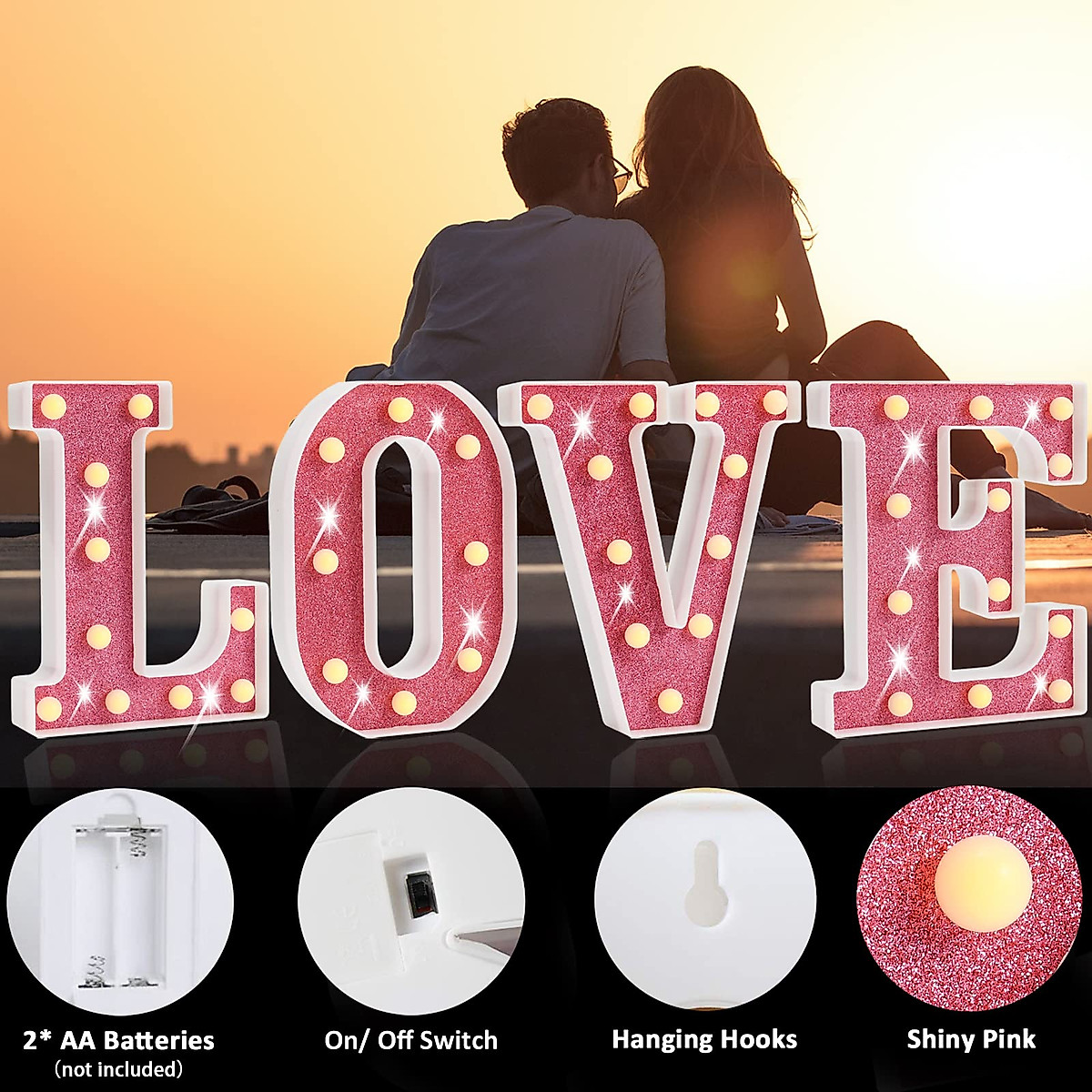 Light Up Pink Alphabet Marquee Letters Sign, Glitter LED Marquee letter Lights Sign Battery Powered for Night Light Girls Bedroom Birthday Gifts Wedding Pink Party Baby Shower Decorations, Pink L