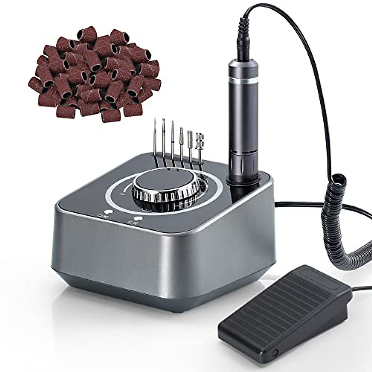IBEBELI Professional Drill for Nails 40000RPM Max Upgrade Efile Kit for Acrylic Nails with Foot Pedal, 6 Drill Bits and 30 Sanding Bands All Inclusive Electric Nail Drill Set Home Salon Use Gray