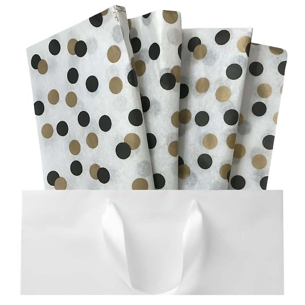 Printed Tissue Paper for Gift Wrapping with Design (Black & Gold Polka Dots on White), 24 Large Sheets (20x30)