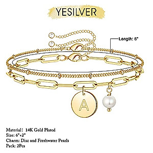 Gold Pearl Initial Bracelets for Women, 14K Gold Plated Layered Letter C Initial Bracelet Dainty Bead Charm Bracelets for Women Valentines Mother's Day Christmas Gifts for Women Gold Jewelry