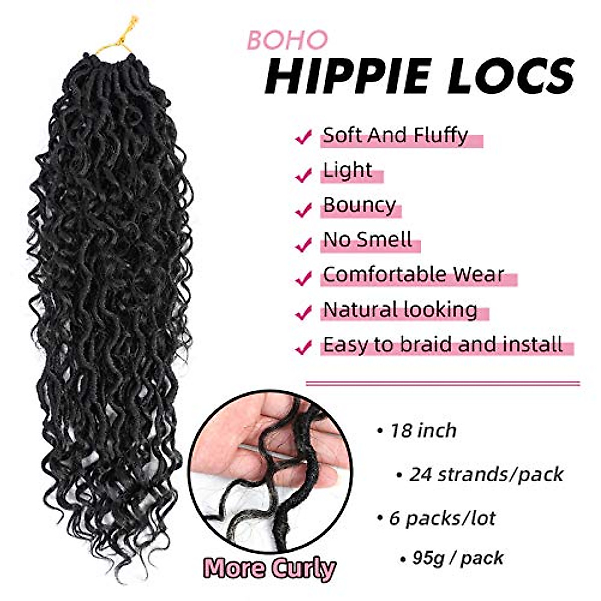 6 Packs Goddes]s River Faux [Loc]s Wavy [Crochet] With Curly [Hair] In Middle And Ends [Boho Synthetic [Hair] Extension（18inch,1B）