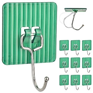 10 Pcs Large Adhesive Hooks Adhesive Curtain Rods for Hanging Heavy Duty 40 lb(Max) Large Wall Hooks Acrylic Hooks Coat and Towel Hooks for Bathroom Kitchen Office,Green