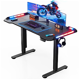 Gaming Desk with LED Lights & APP Control, 48" x 24" Gaming Table with Music Sensing, Underdesk Cable Storage Electric Standing Desk, Black Carbon Fiber PC Desk for Gaming and Home Office