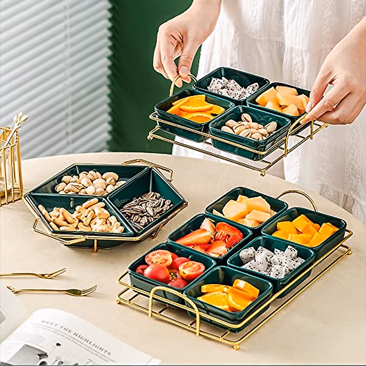 Salad Bowls Home Four-grid Ceramic Platter With Shelf Snack Fruit Plate Modern Restaurant Snack Plate Creative Snack Candy Dried Fruit Plate Soy Sauce Dish Salad Bowls (Color : 1)