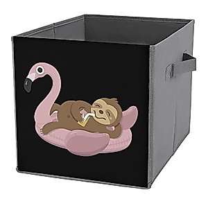 Chilling Sloth on Flamingo Float PU Leather Collapsible Storage Bins Canvas Cube Organizer Basket with Handles