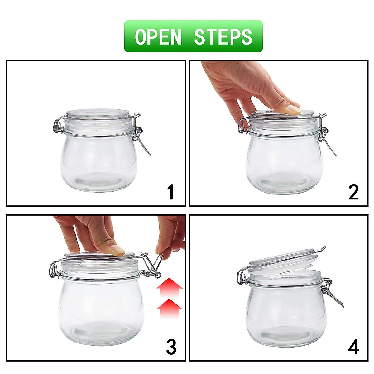 YEBODA 16oz Food Storage Canister Glass Jars with Clamp Airtight Lids and Silicone Gaskets for Multi-Purpose Kitchen Containers - Clear Round (6 Pack)