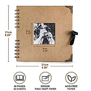 Scrapbook Photo Album (8 x 8 inch) - 60 Pages Photo Scrap Memory Book - Thick Kraft Paper Scrapbooking & Stamping Supplies with Corner Protectors, Ribbon Closure Suitable for Wedding,Travel,Graduation