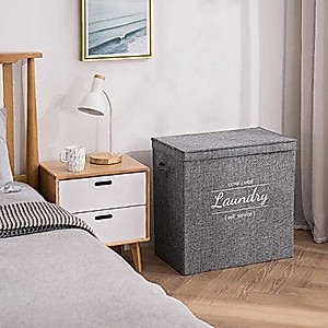 YOUDENOVA Double Laundry Hamper with Lid, Divided Dirty Clothes Basket with 2 Removable Liner Bag, Dual Hampers for Laundry Sorter 2 Section, Grey